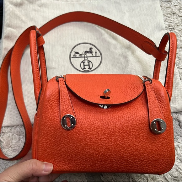Hermes | Bags | Hermes Clemence Mini Lindy 2 Orange With Platinum ...